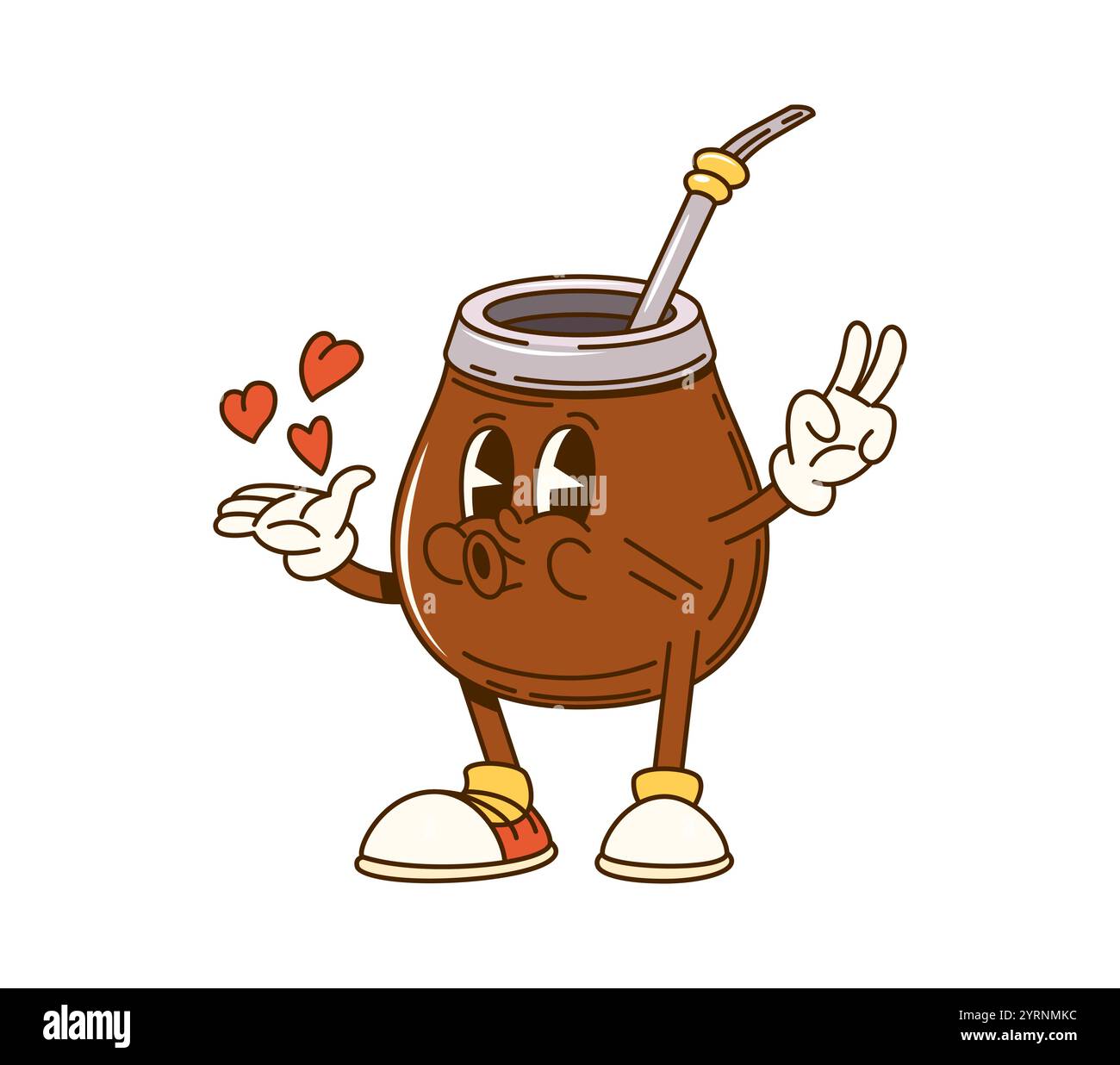 Cartoon groovy Yerba mate gourd cup or calabash character with bombilla ...