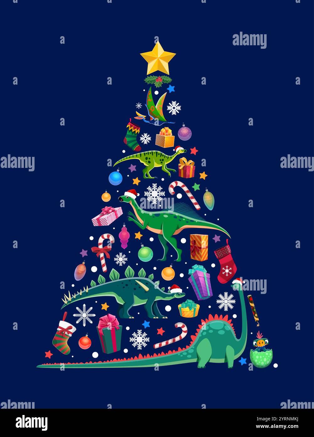 Christmas dinosaurs tree. Cartoon vector festive decorated pine tree ...