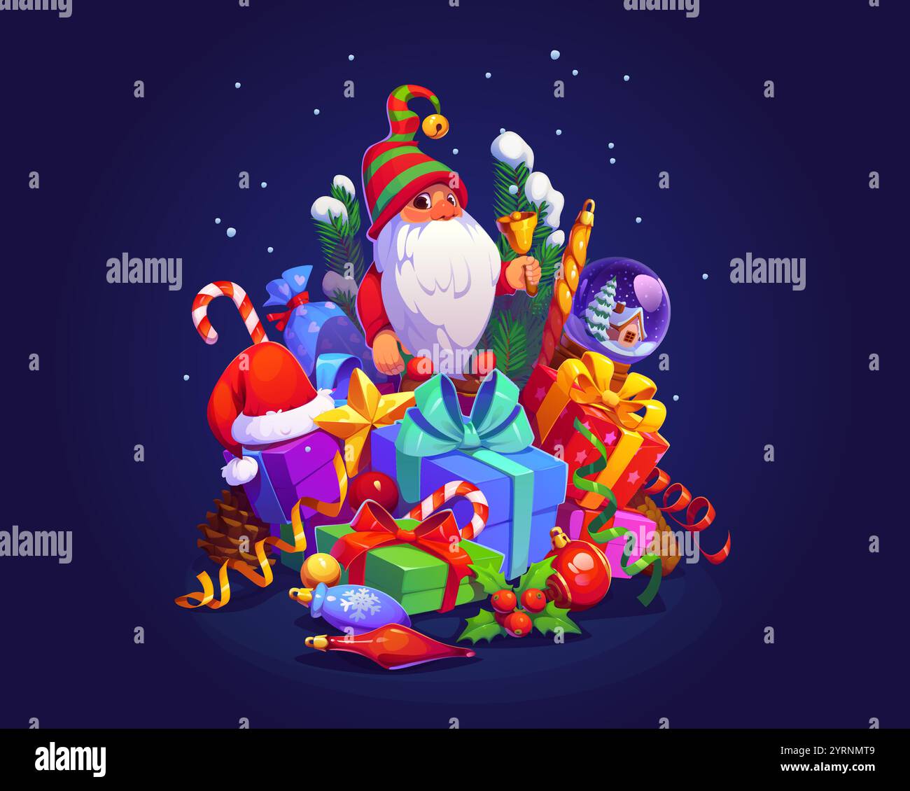Cartoon Christmas gifts stack with elf and decorations. Vector cheerful ...