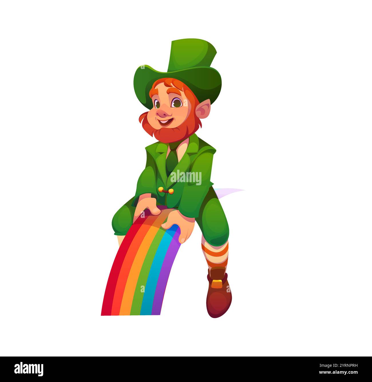 Irish leprechaun cartoon character riding rainbow for St Patrick day ...