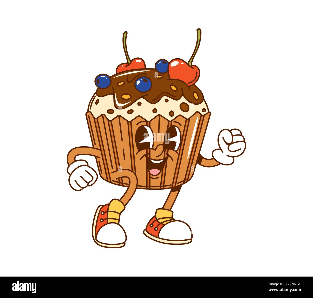 Cartoon groovy cupcake fast food character. Isolated vector muffin ...