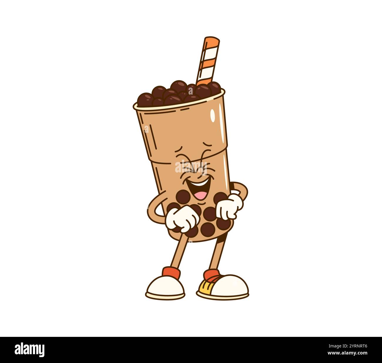 Cartoon groovy bubble tea cup character with a striped straw and ...
