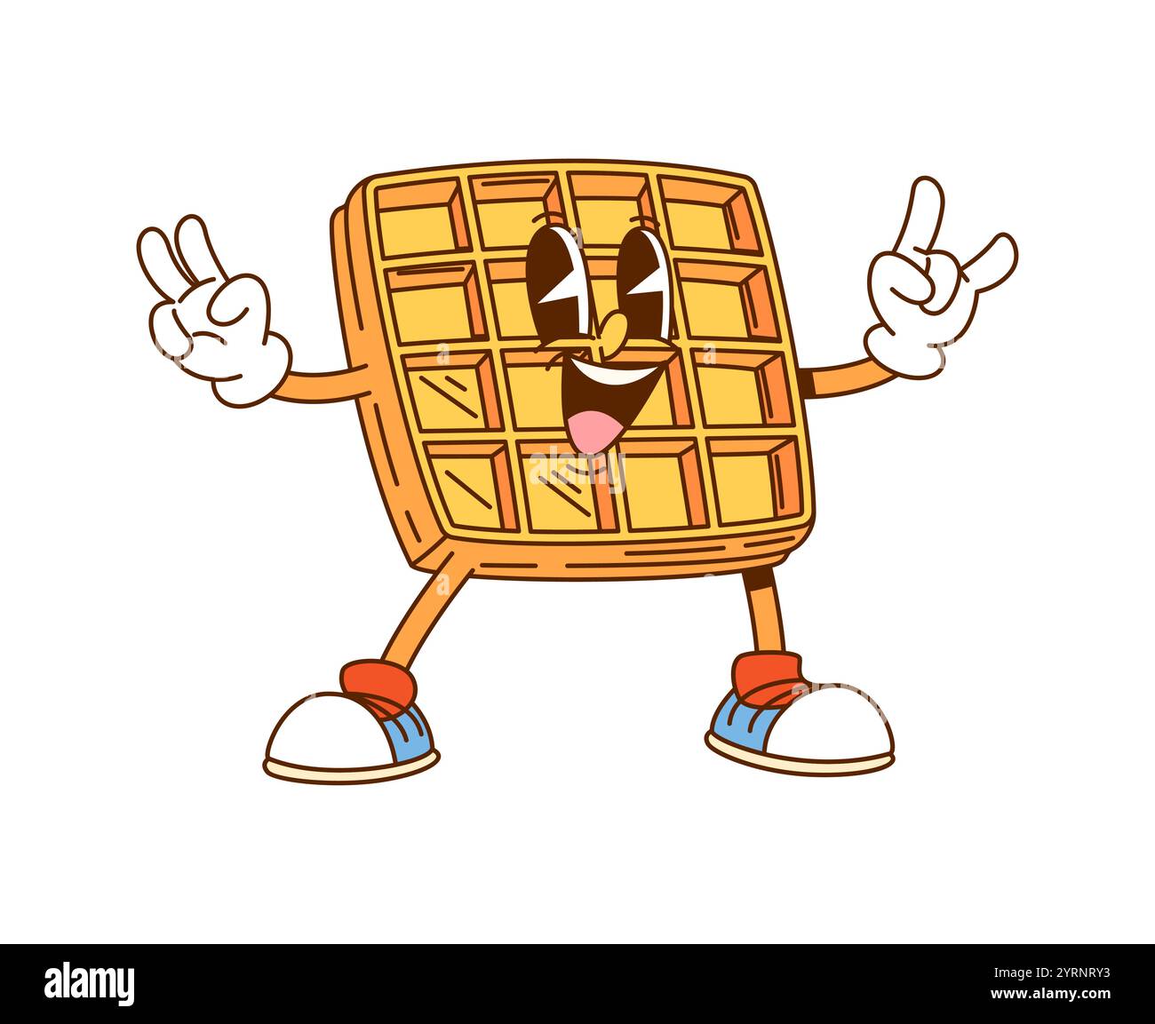 Cartoon groovy Belgian waffle fast food character with peace signs ...