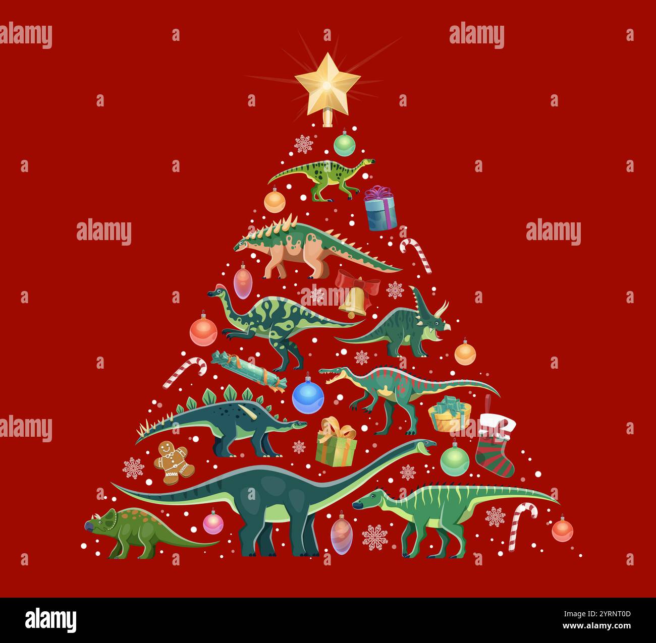 Christmas tree dinosaurs made of various dino species, ornaments, candy ...
