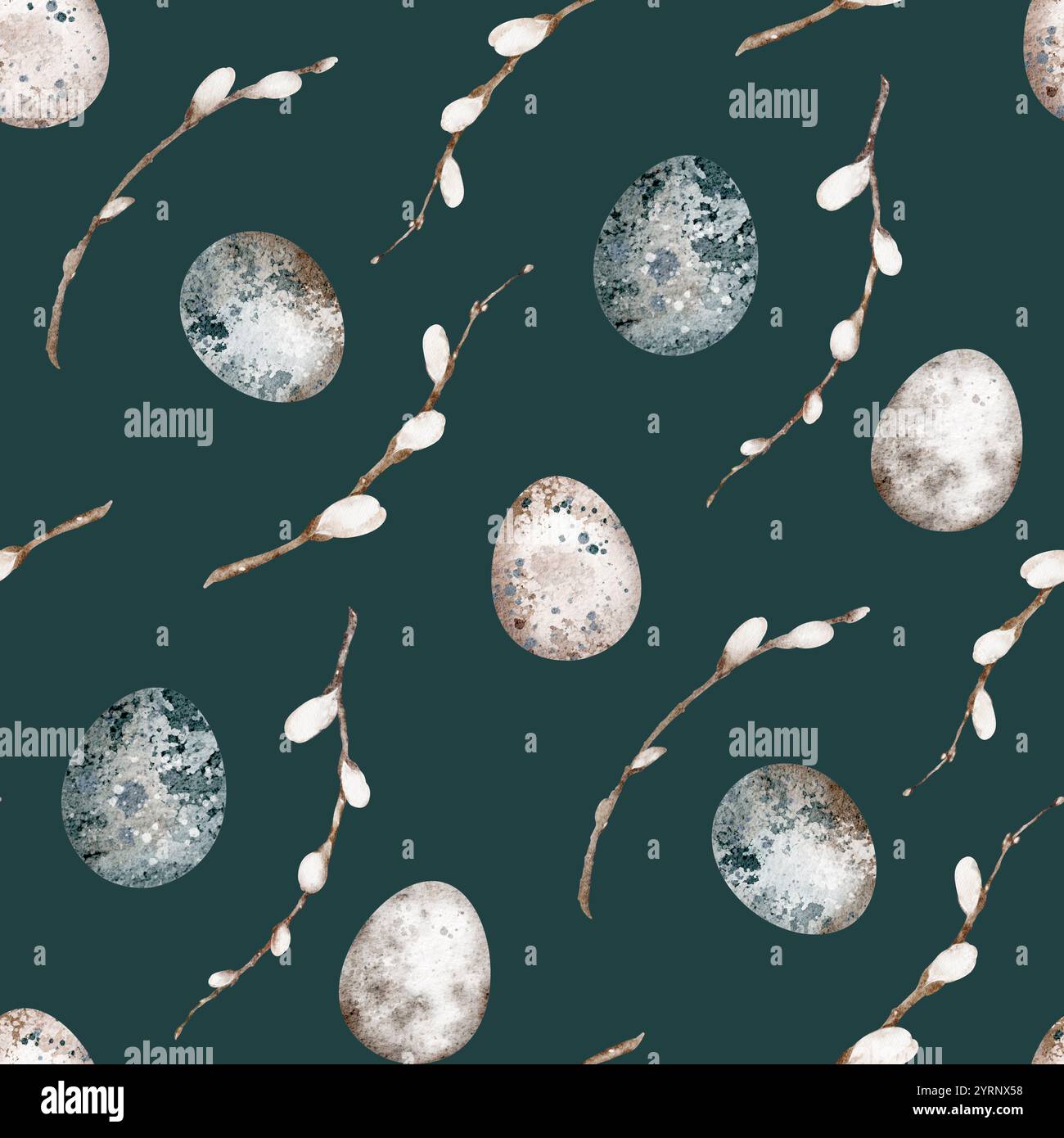Seamless watercolor pattern of spring willow branches and Easter eggs ...