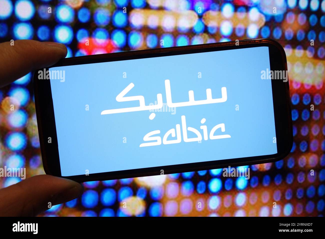 In this photo illustration, the SABIC company logo is seen displayed on ...