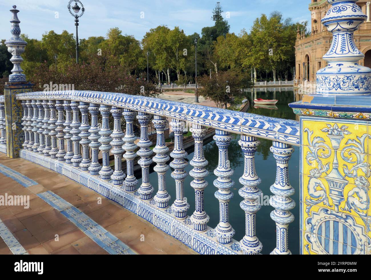Majolica bridge railing in Maria Luisa Park in Seville, Spain, 2024 ...