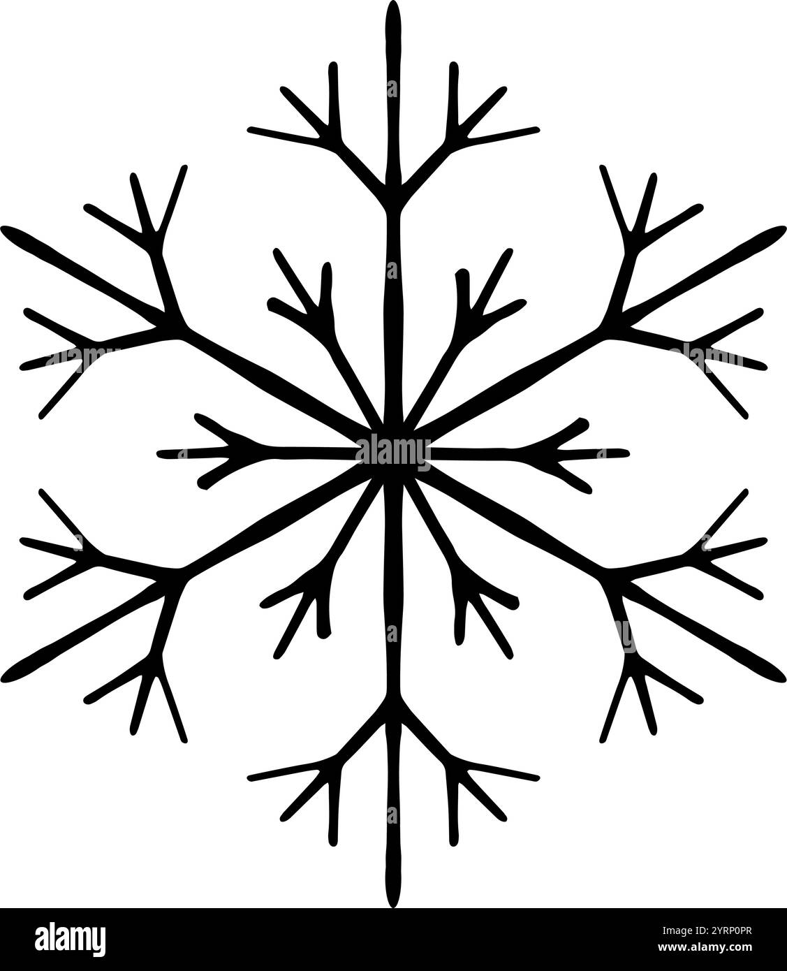 Intricate black vector illustration of a snowflake with symmetrical ...