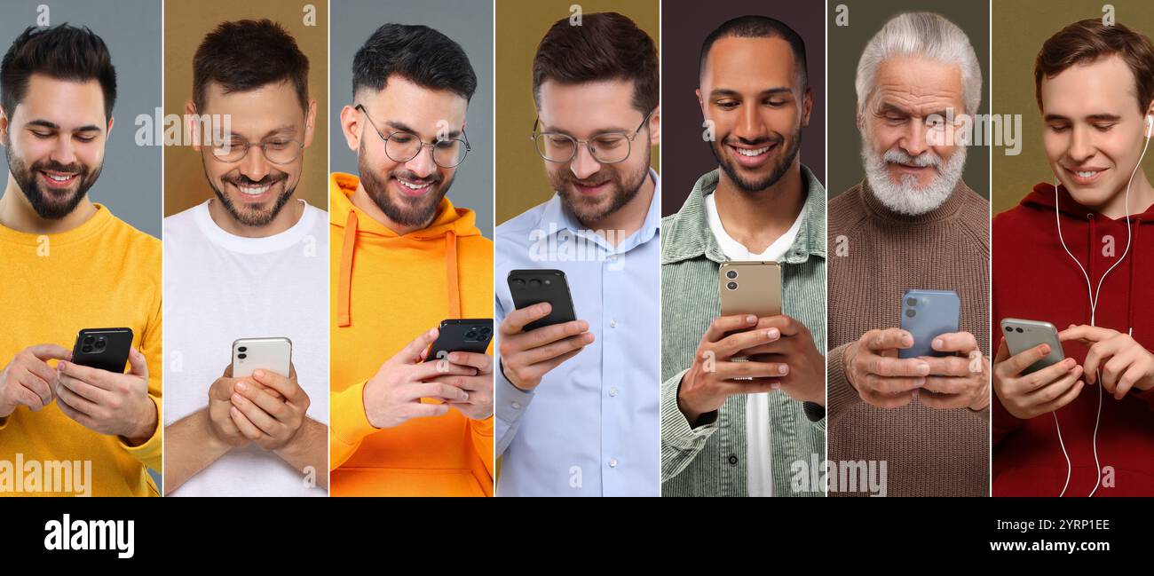 Men using mobile phones on different colors backgrounds. Collage of ...