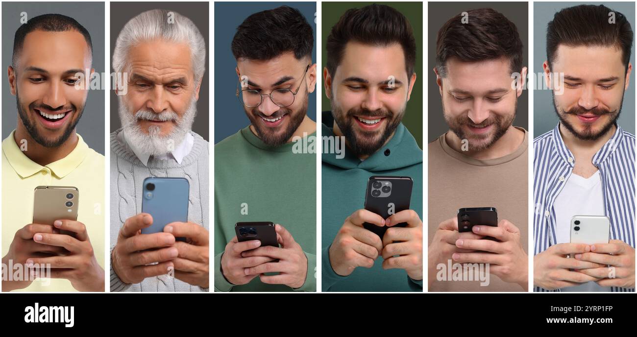 Men using mobile phones on different colors backgrounds. Collage of ...