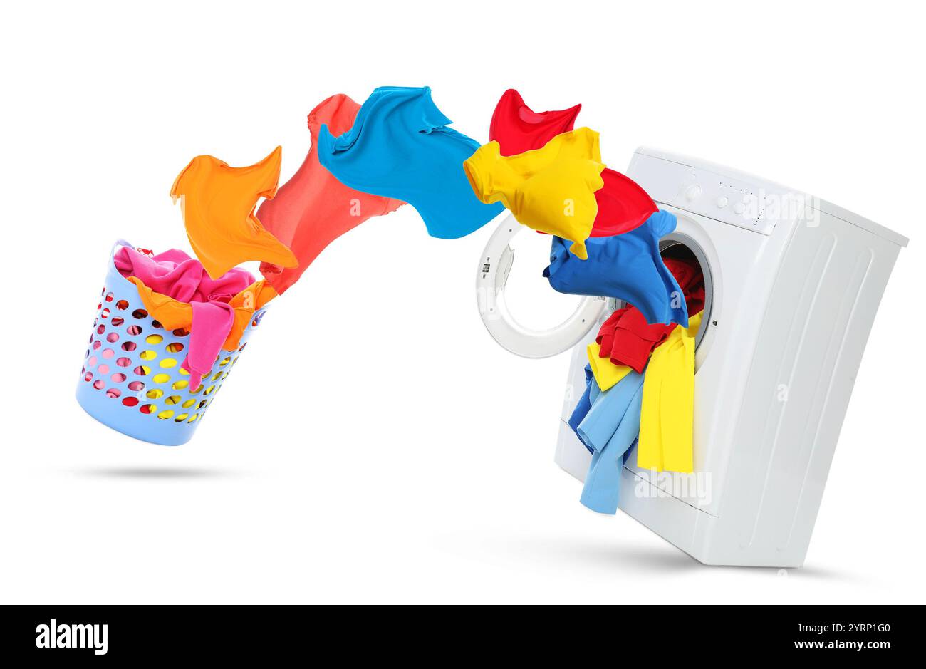Clean colorful clothes flying out of washing machine into laundry ...