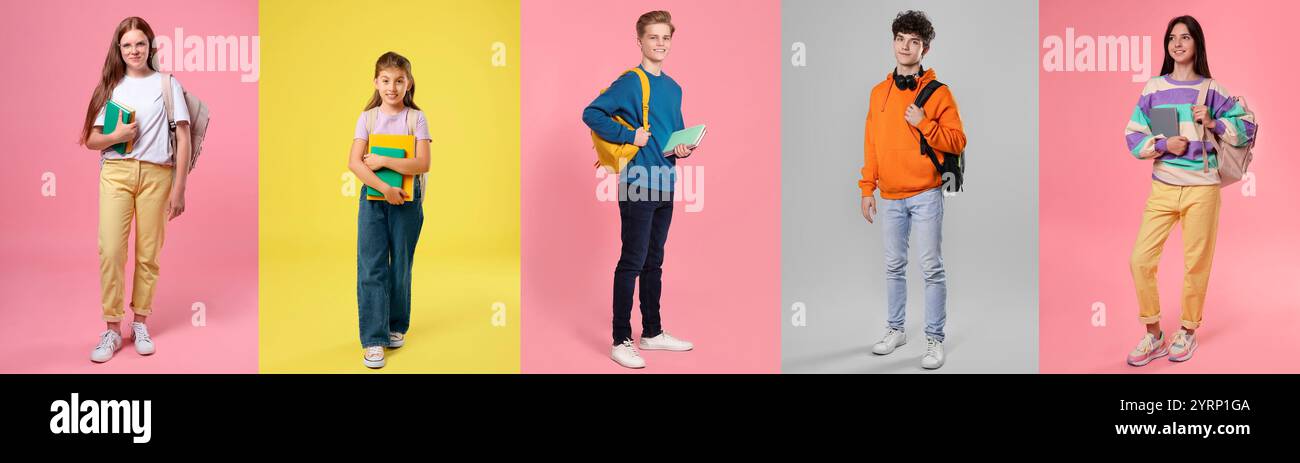 Teenagers on different colors backgrounds. Collage of portraits Stock ...