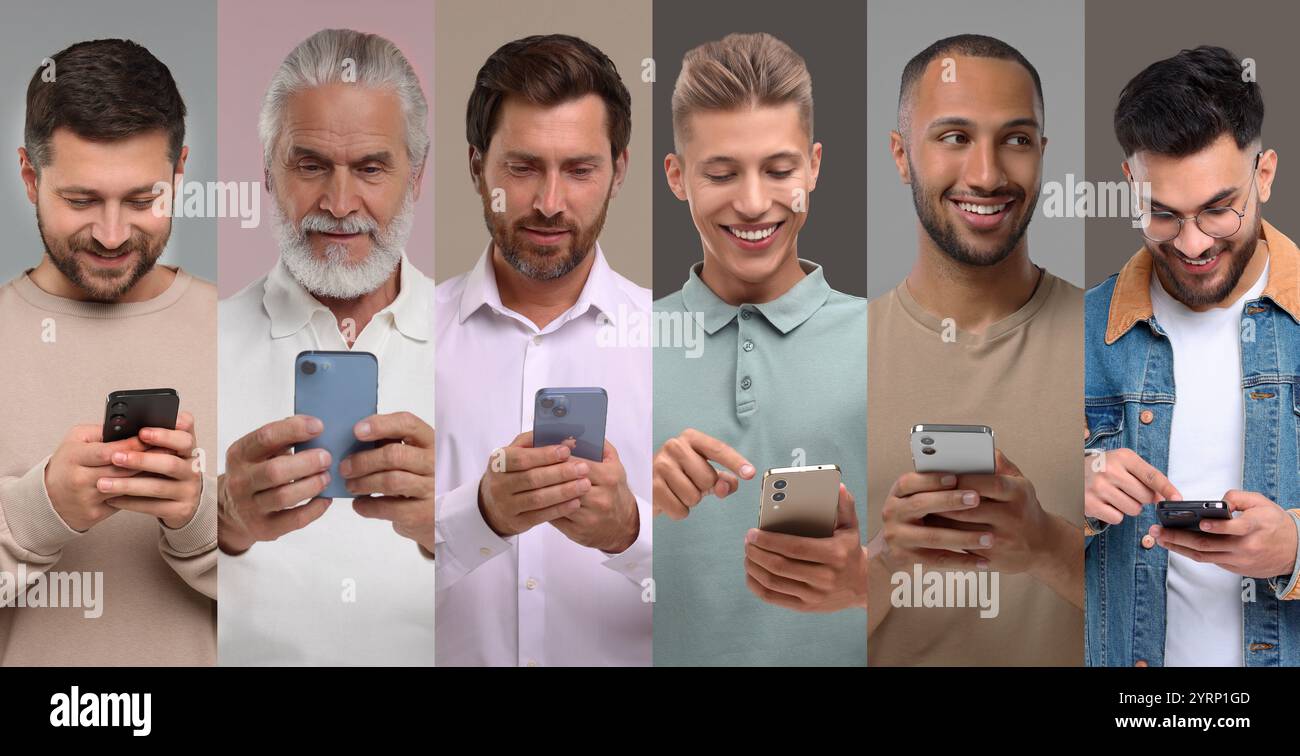 Men using mobile phones on different colors backgrounds. Collage of ...