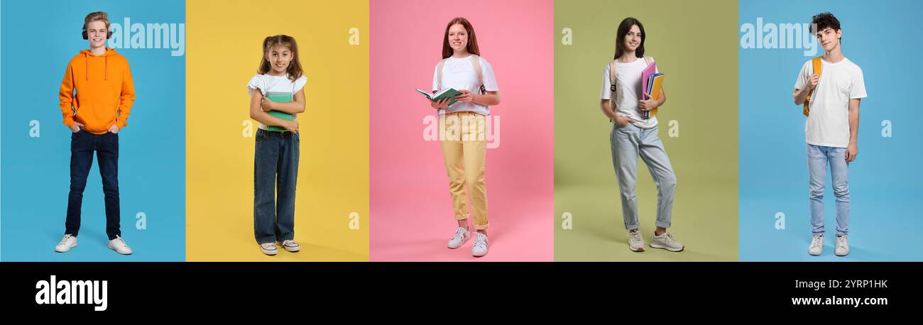 Teenagers on different colors backgrounds. Collage of portraits Stock ...