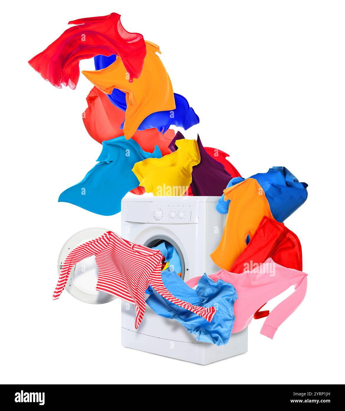 Clean colorful clothes flying out of washing machine on white ...