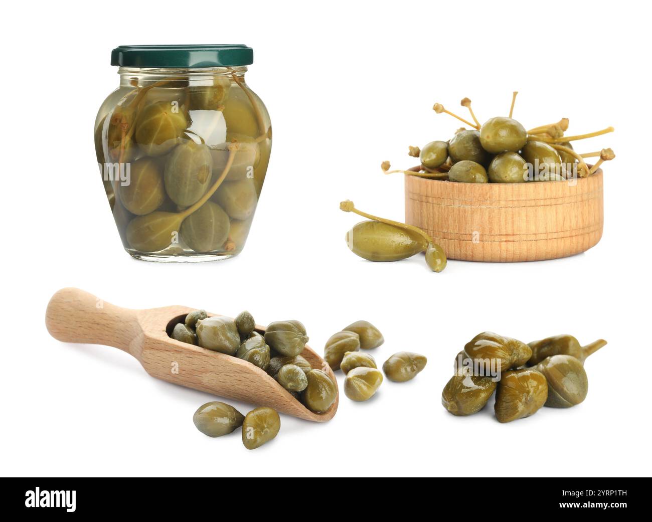 Tasty pickled caper berries and flower buds isolated on white, set ...