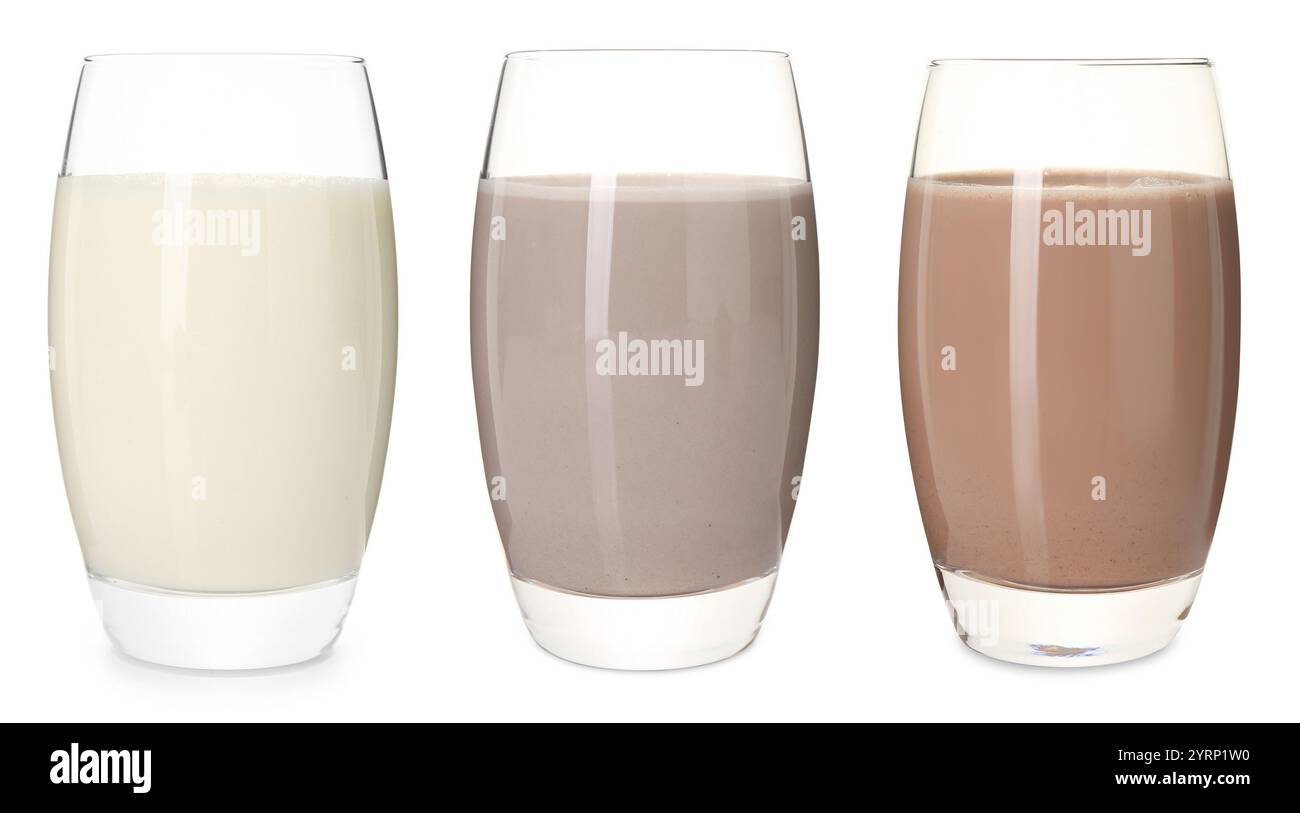 Protein shakes of different flavors in glasses isolated on white, set ...
