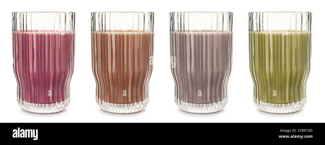 Protein shakes of different flavors in glasses isolated on white, set ...