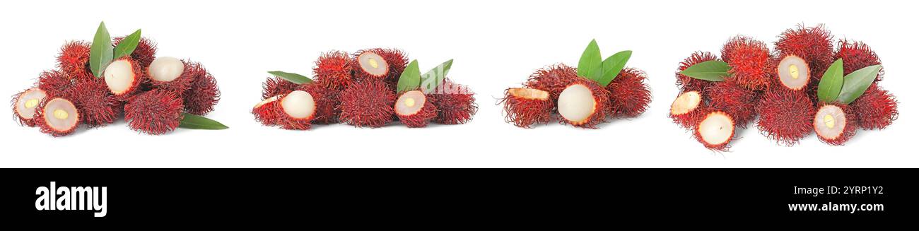 Fresh tropical rambutan fruits and green leaves isolated on white, set ...