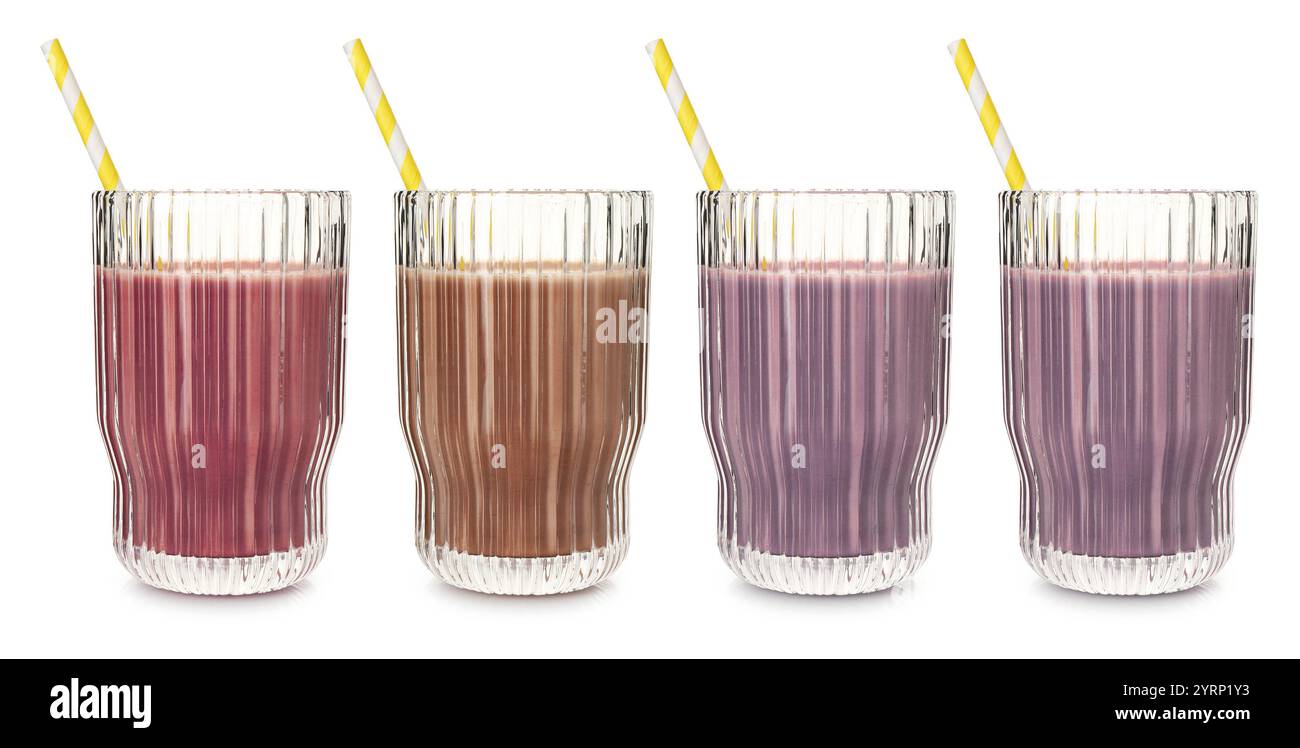 Protein shakes of different flavors in glasses isolated on white, set ...