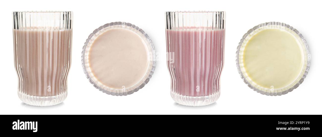 Protein shakes of different flavors in glasses isolated on white ...