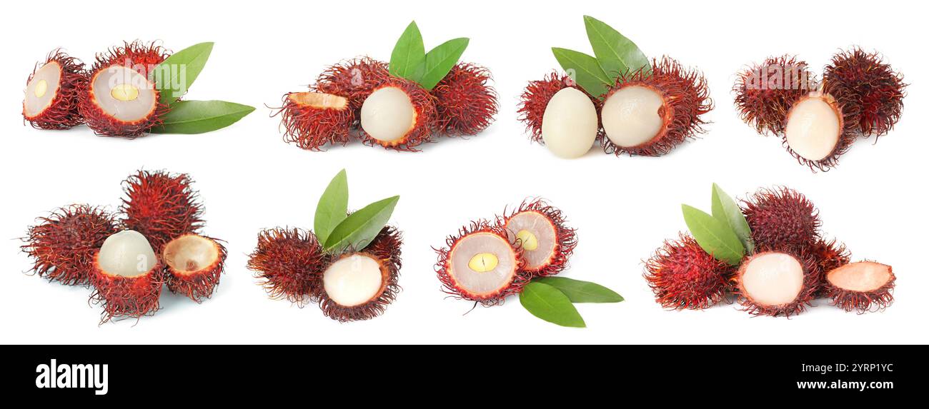 Fresh tropical rambutan fruits and green leaves isolated on white, set ...