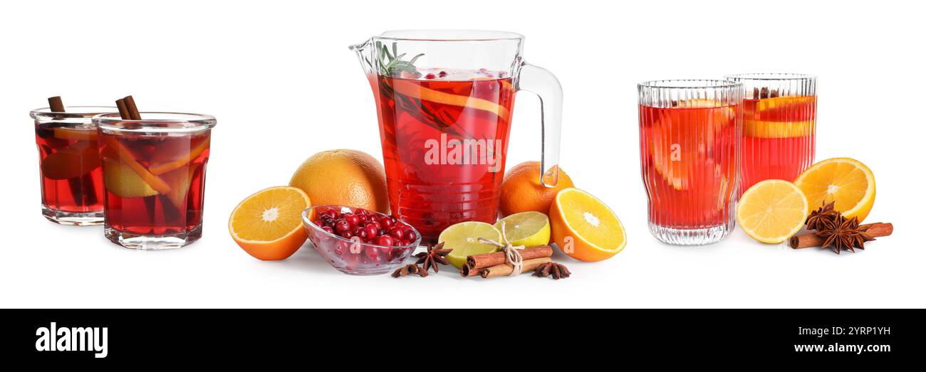 Tasty punch drink in glasses and pitcher isolated on white, set Stock ...