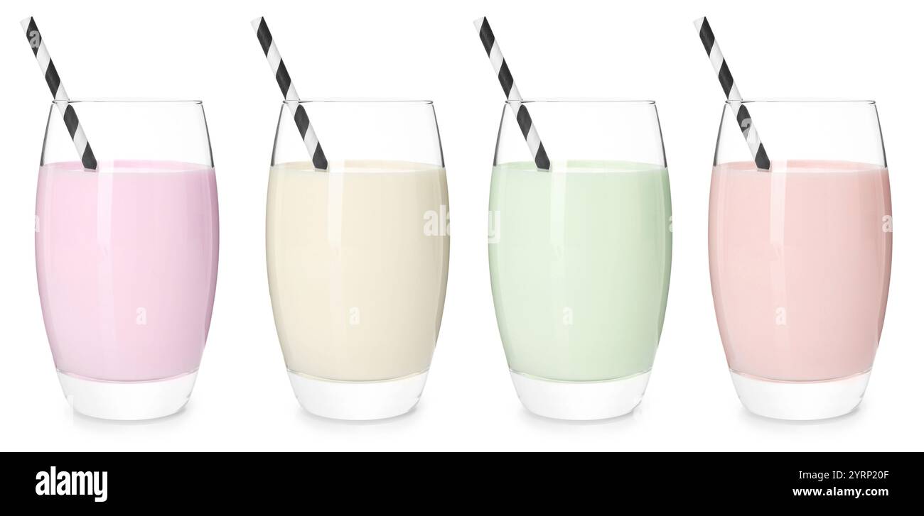 Protein shakes of different flavors in glasses isolated on white, set ...