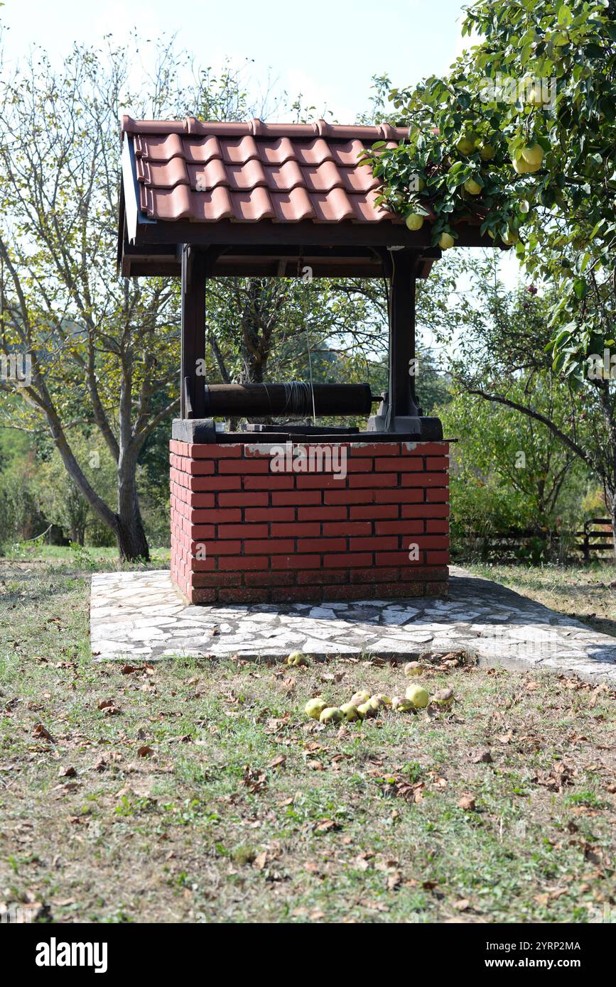Draw-well made of wood and bricks, with roof protection in the garden ...