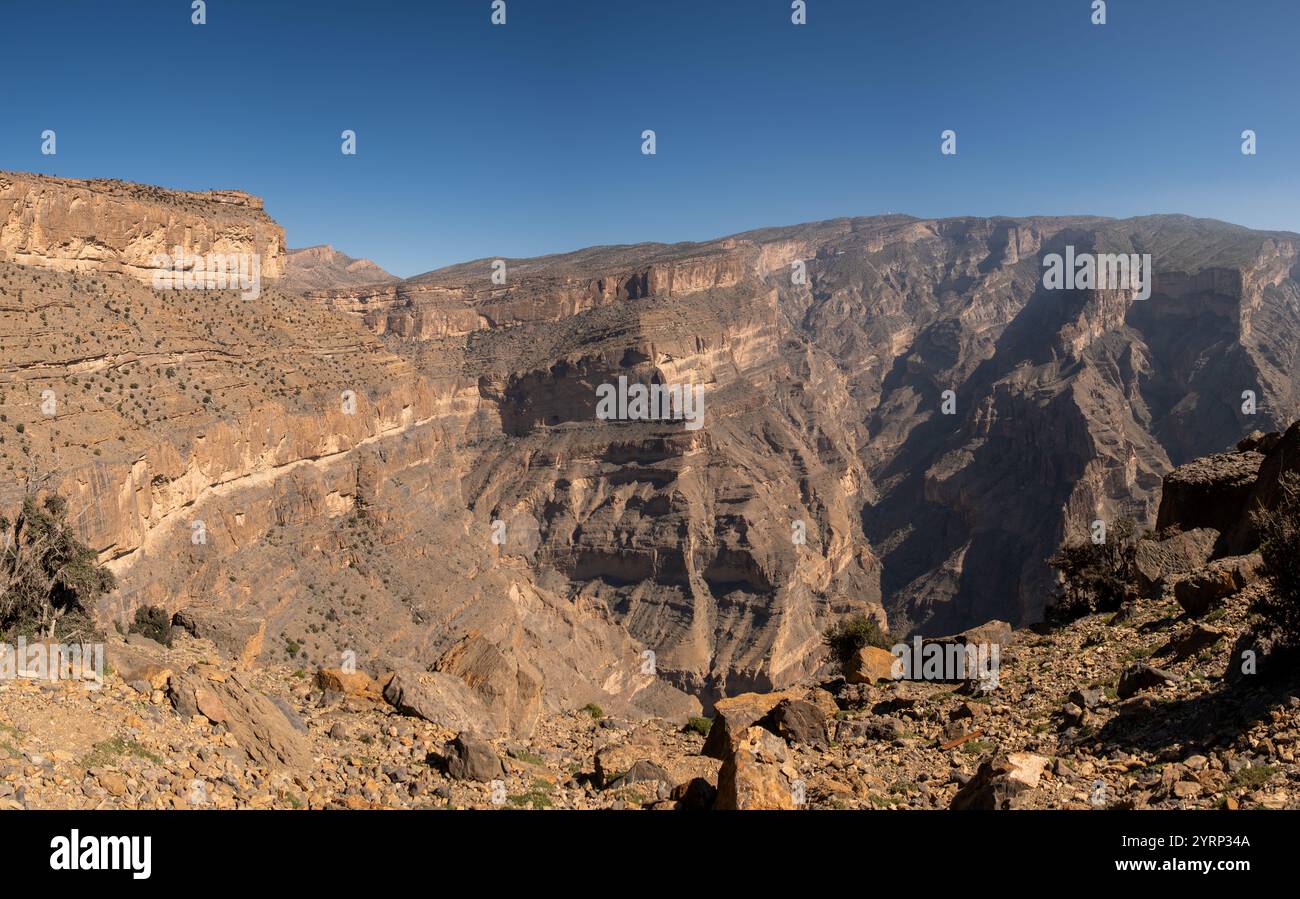 Spectacular view of Omans Grand Canyon, located in Jebel Shams mountain ...