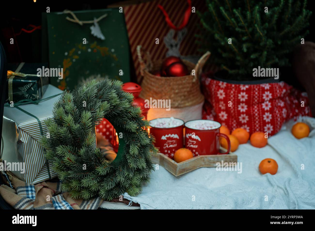 Christmas picnic in the trunk of car in the woods. Vacation Stock Photo ...