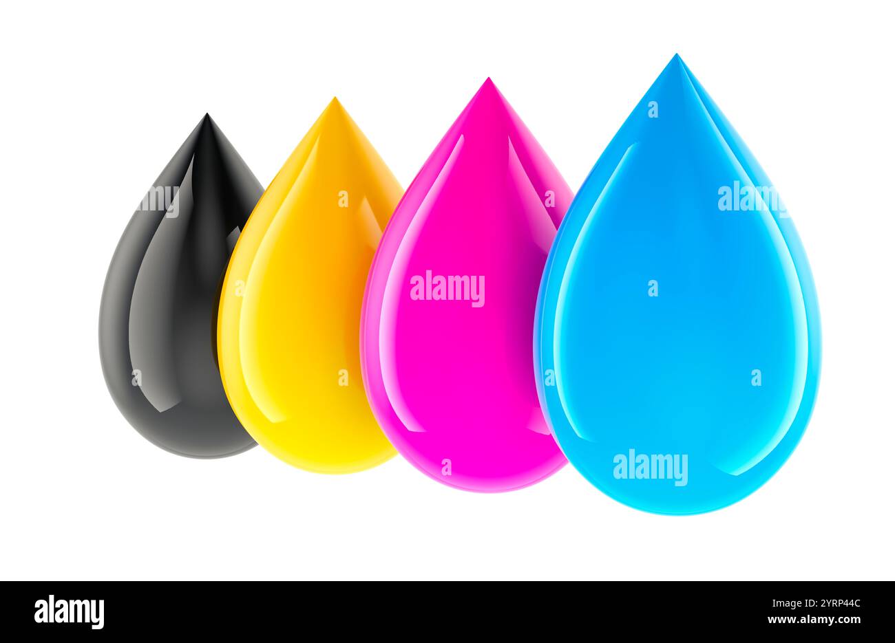 CMYK concept with colored drops. 3D rendering isolated on white ...