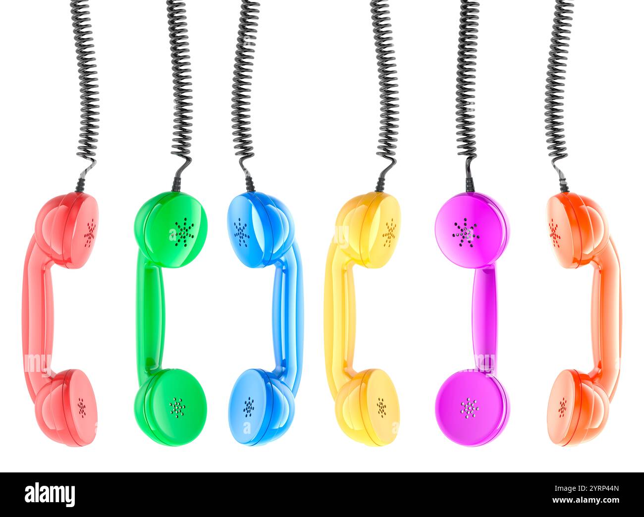 Colored phone handsets hanging. 3D rendering isolated on white ...