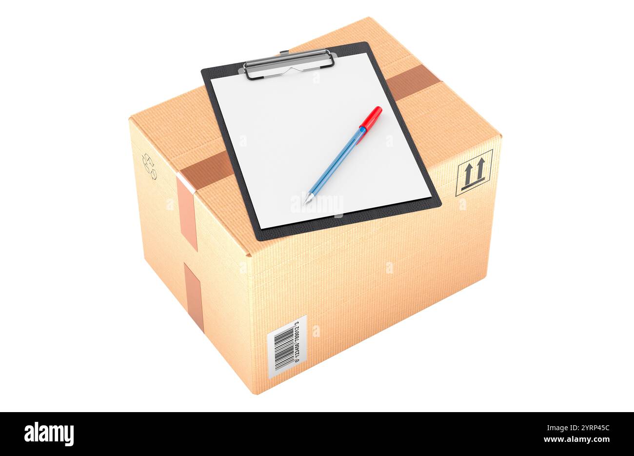 Parcel and clipboard with blank A4 paper mockup and pen. 3D rendering ...