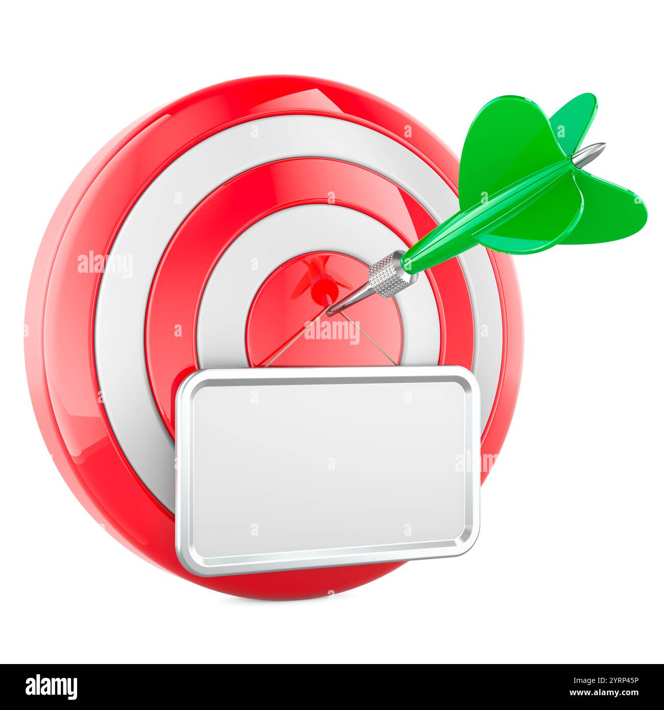 Target with arrow in bullseye and empty hanging sign, 3D rendering ...