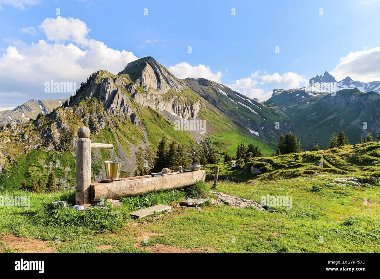 A wooden drinking trough with water spring on the high Alps mountains ...