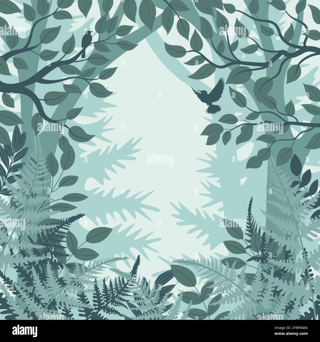 Vector flat art of a lush forest scene, featuring silhouetted trees, leafy branches Stock Vector ...