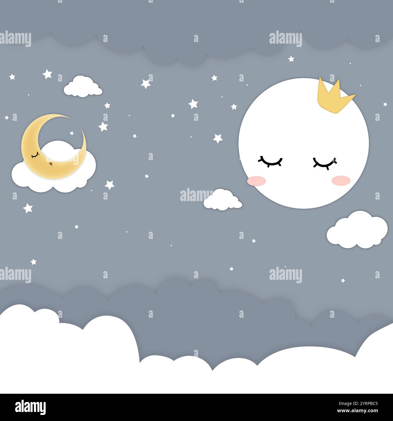 A whimsical illustration featuring a crowned moon and a sleeping ...