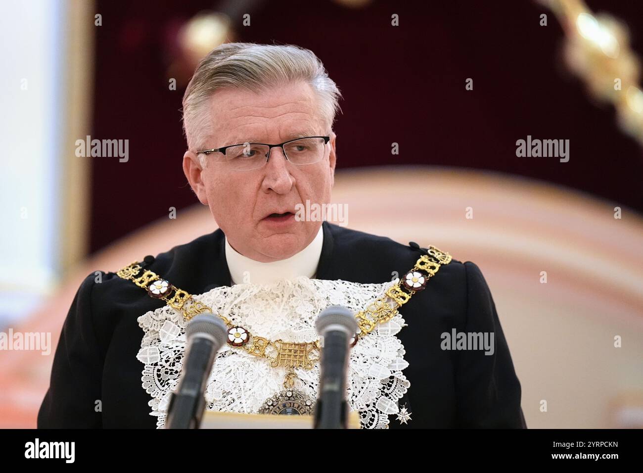 Lord Mayor of the City of London Alastair King speaking during a dinner ...