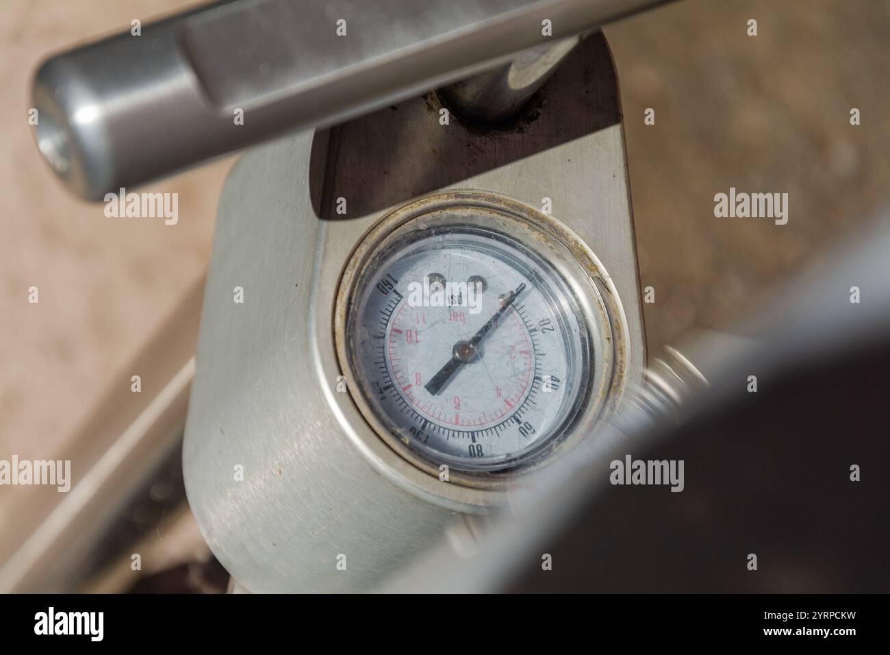 The pressure gauge of a public air machine for cyclists. Resting at ...