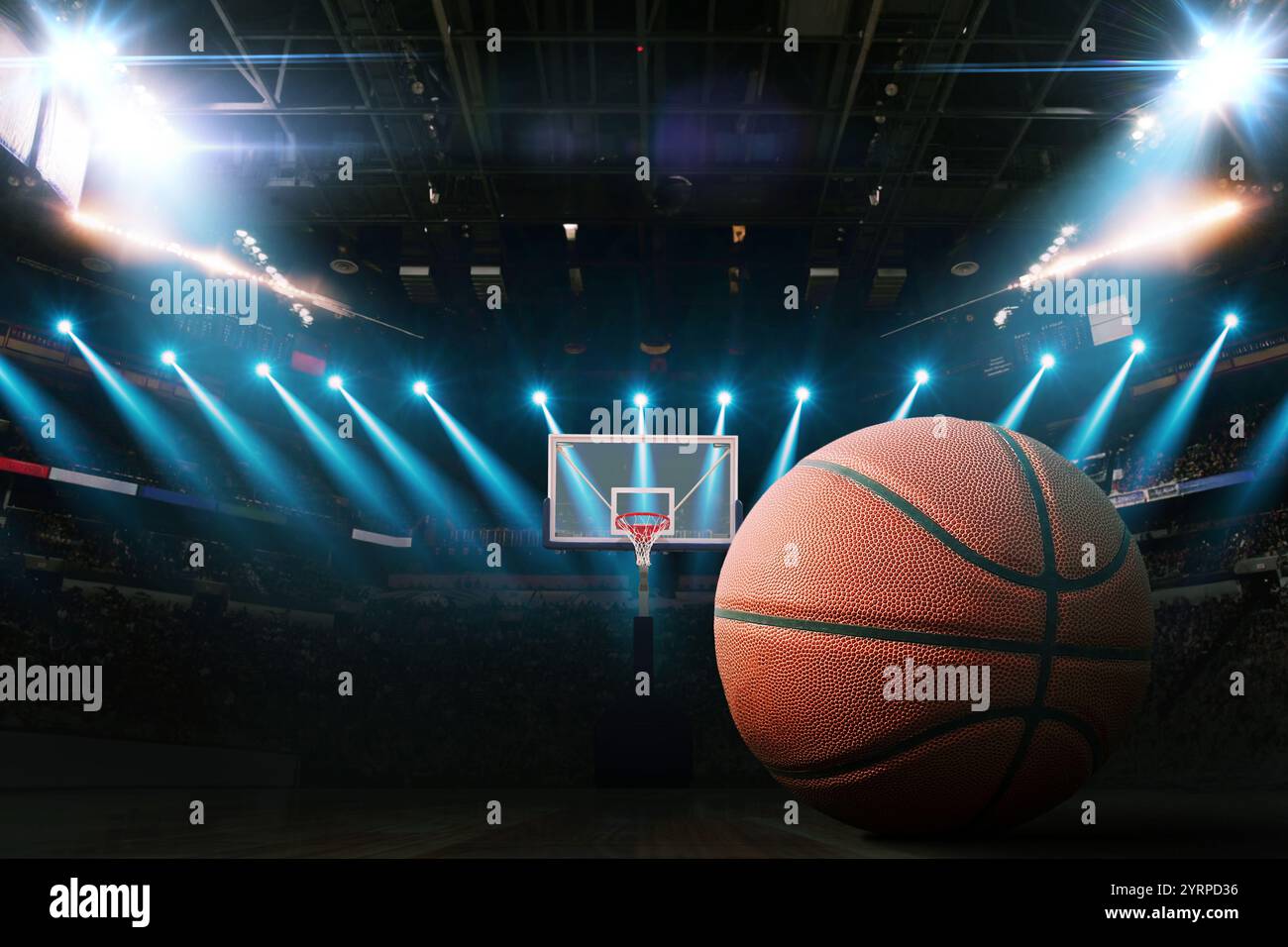 Basketball on the floor. Modern Basketball Arena with Rings with ...