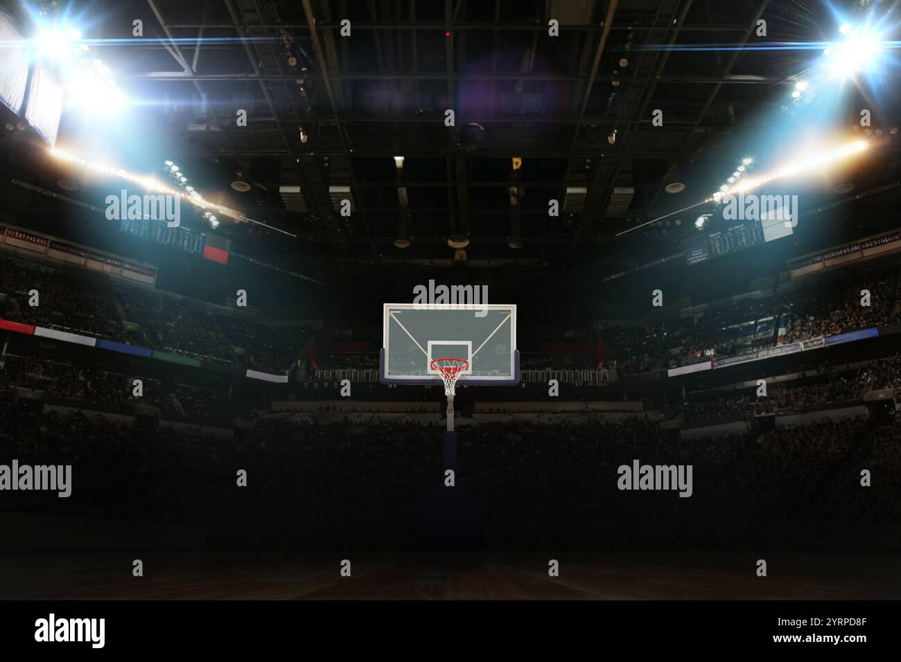 Basketball arena with basketball hoop with floodlights, creative idea ...