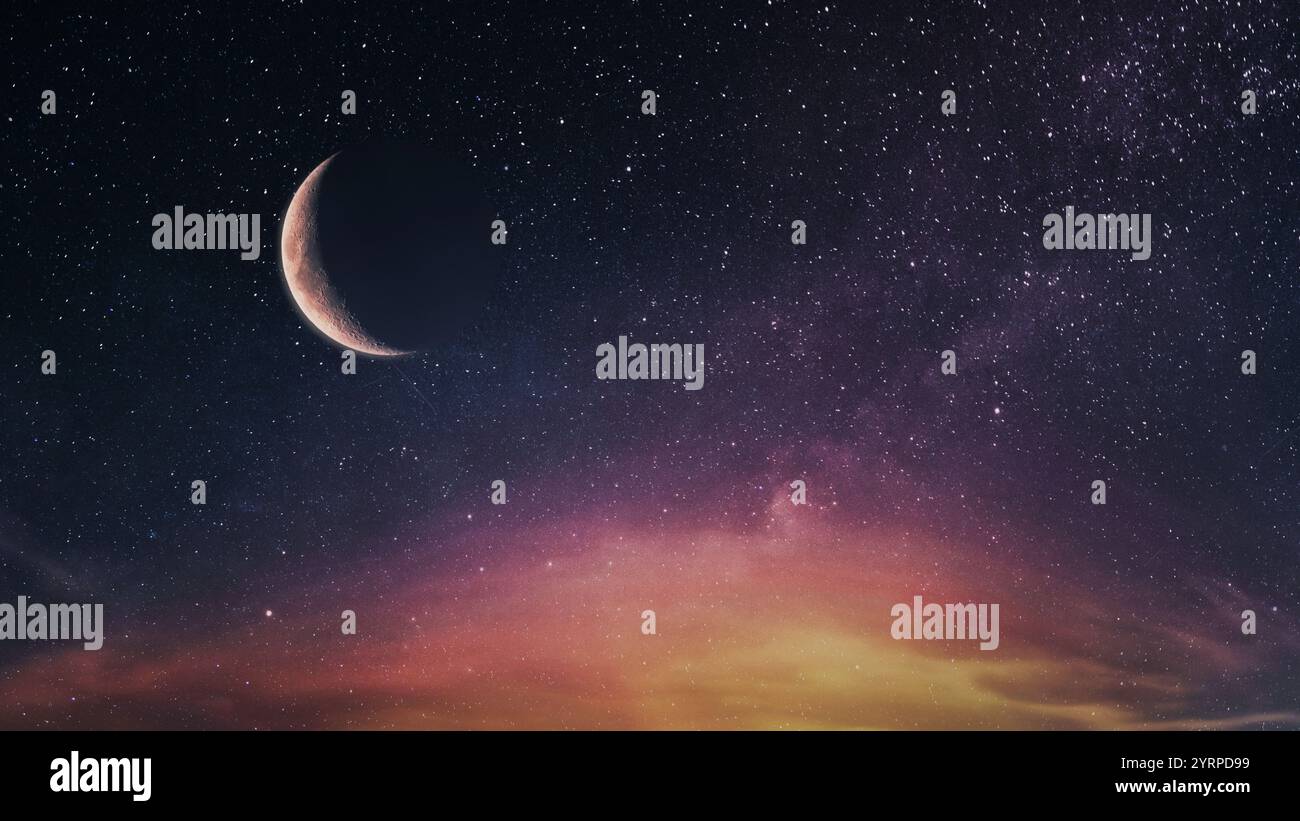 Beautiful moon on the starry sky with clouds after sunset. Stars and ...