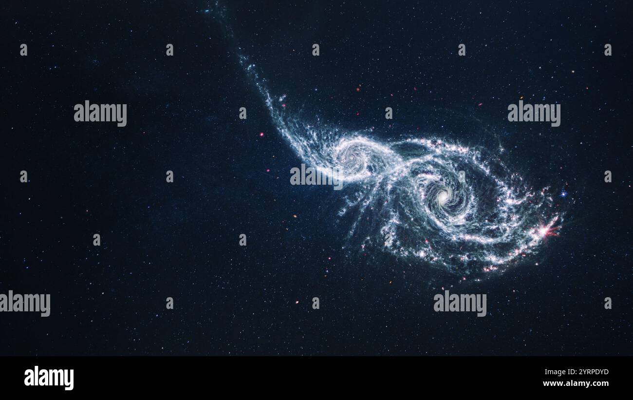 Two galaxies are merging together. Amazing Space galaxy, blue starry ...