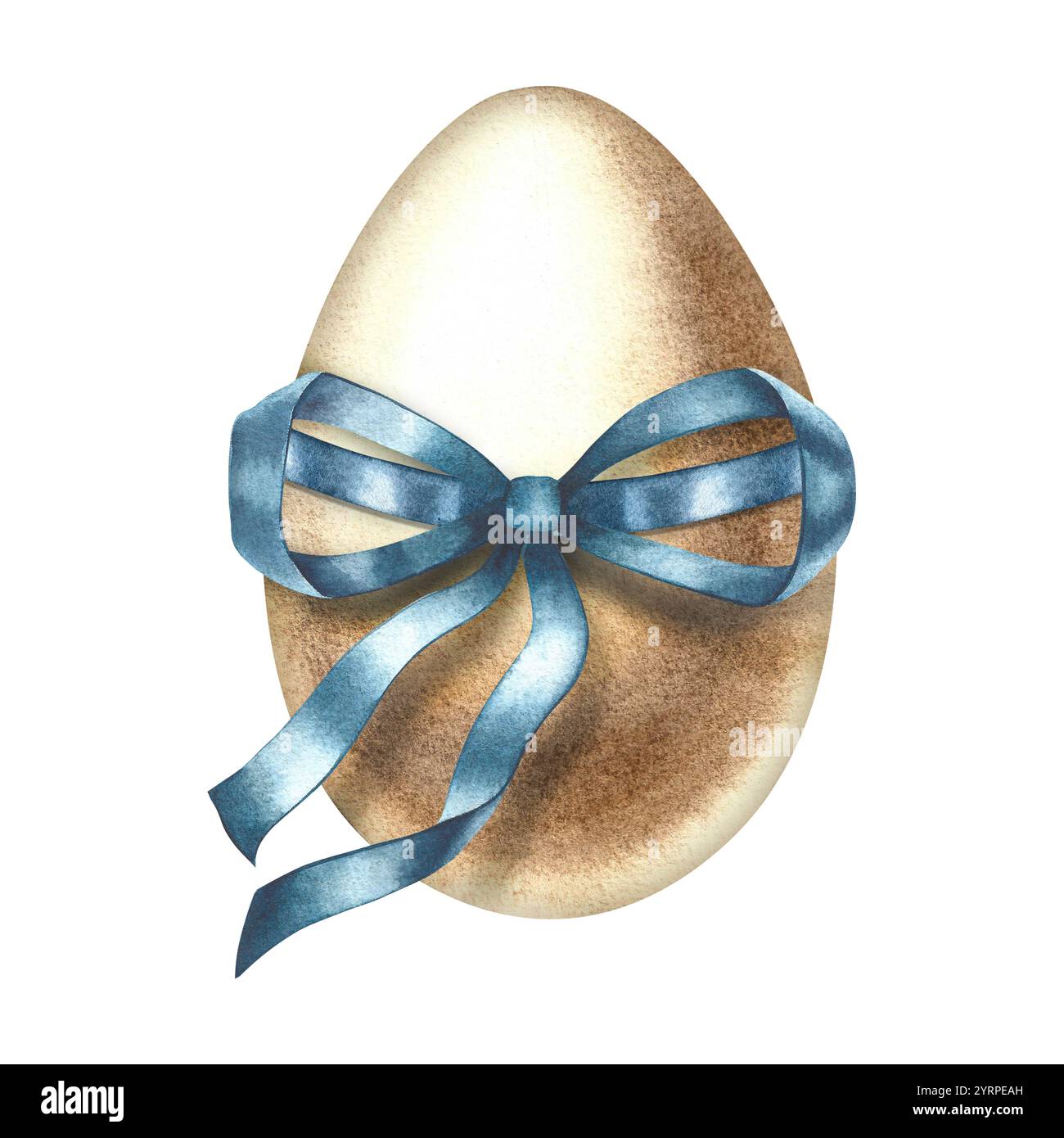 An Easter egg tied with a blue ribbon bow. A hand-drawn watercolor ...