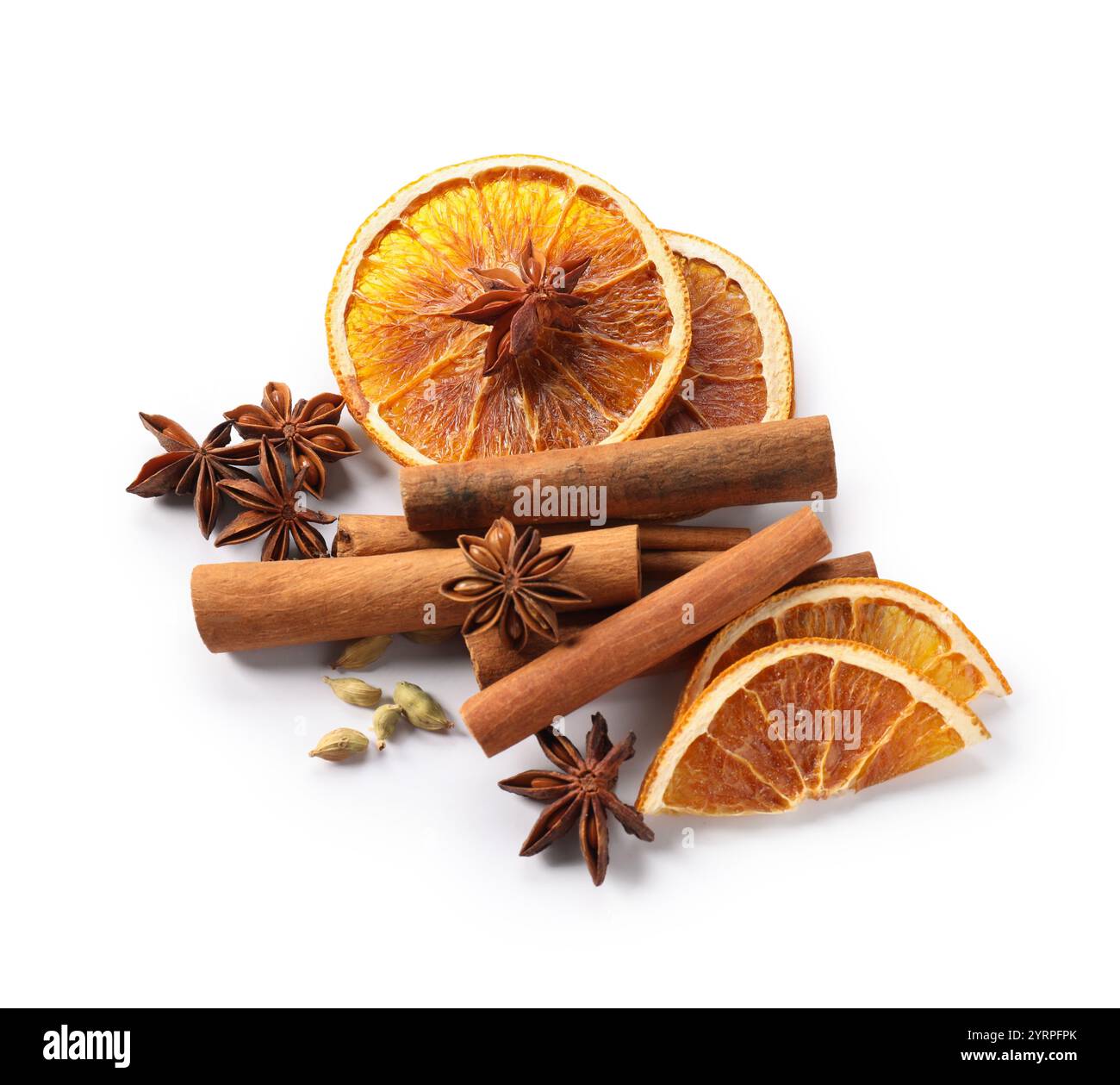 Different aromatic spices isolated on white, top view. Christmas season ...