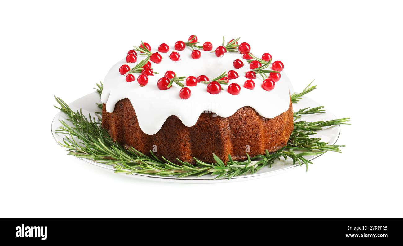 Traditional Christmas cake decorated with currants and rosemary ...