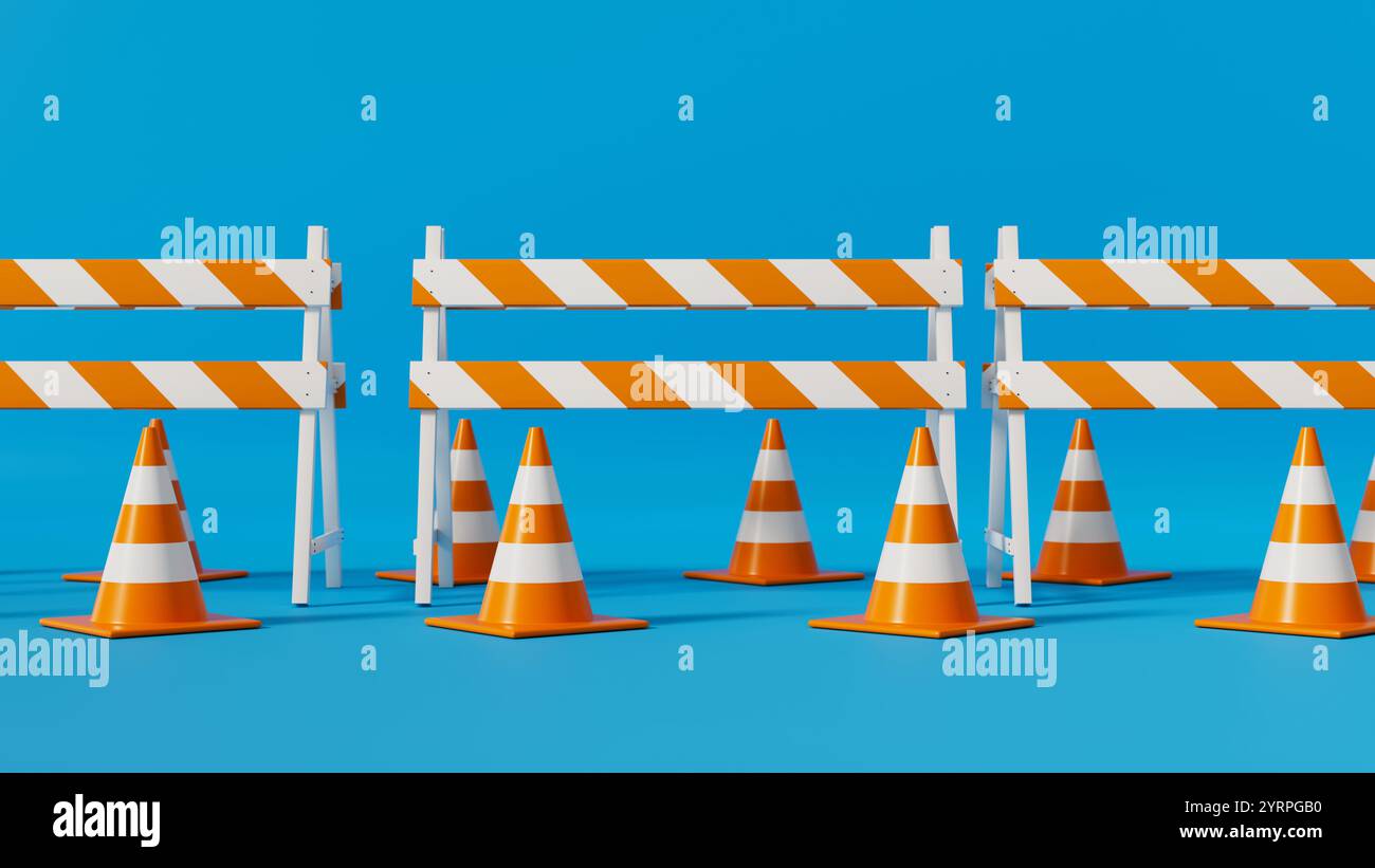 Line of orange traffic cones and barriers on blue background. Safety ...