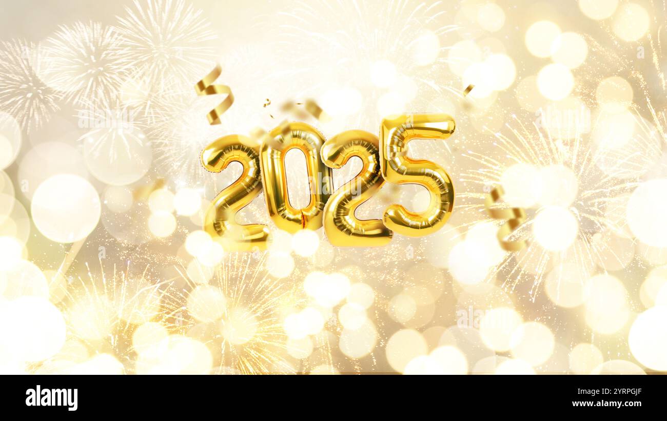 Gold luxury balloons 2025 on golden bokeh background with fireworks and sparks, creative idea ...