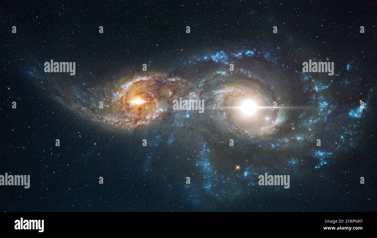 Two galaxies are merging together. Amazing Space galaxy, blue starry ...